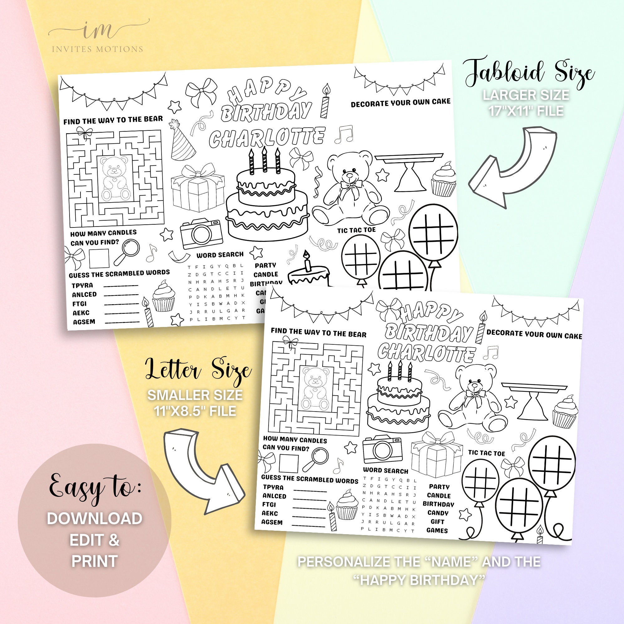Birthday Cake Coloring Placemat Party Games Children Activity Birthday ...