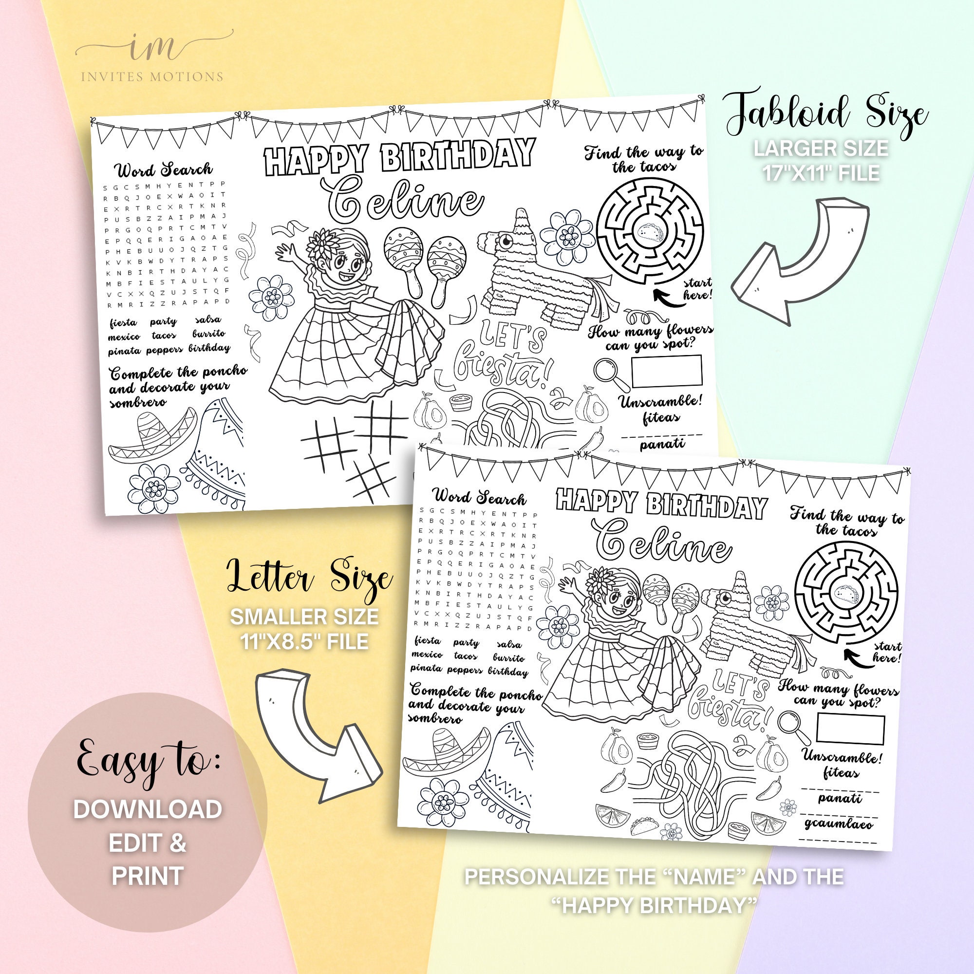 Fiesta Birthday Coloring Placemat Party Games Children Activity Mexican ...