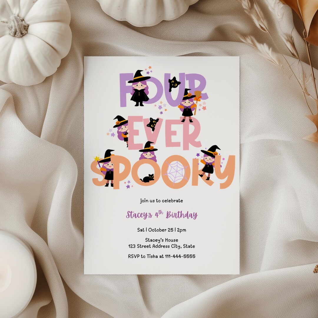 Halloween Fourth Birthday Party Invitation Template, 4th Birthday ...