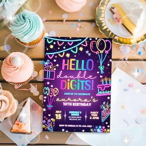 Hello Double Digits 10th Birthday Party Invitation Neon Glow Party ...