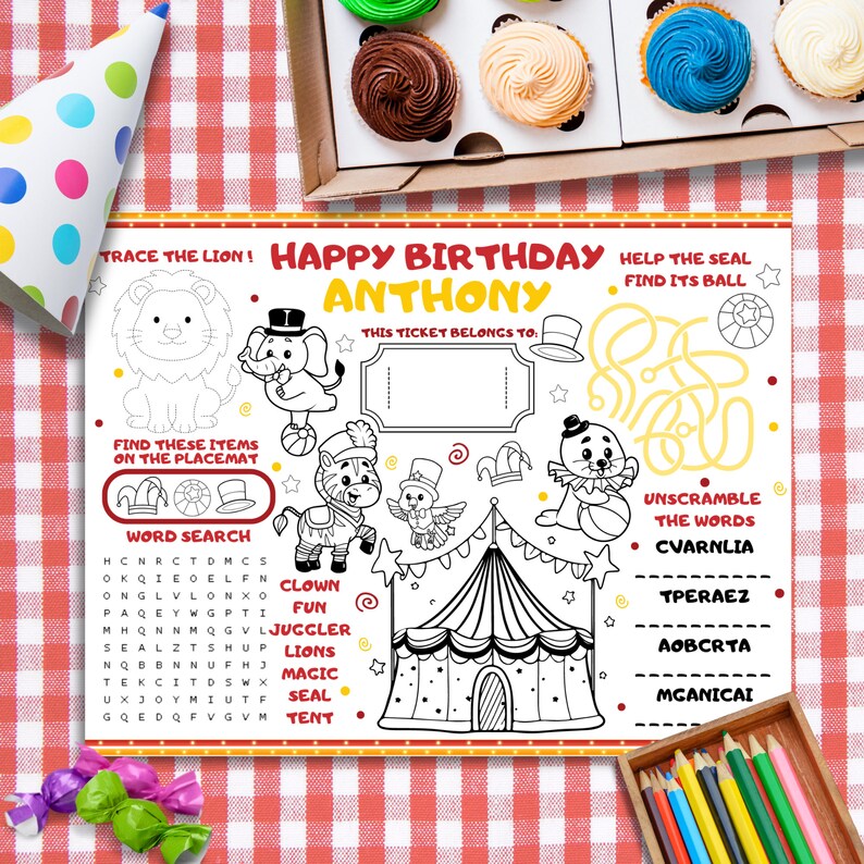 Editable Carnival Birthday Coloring Placemat, Circus Placemats Color ...
