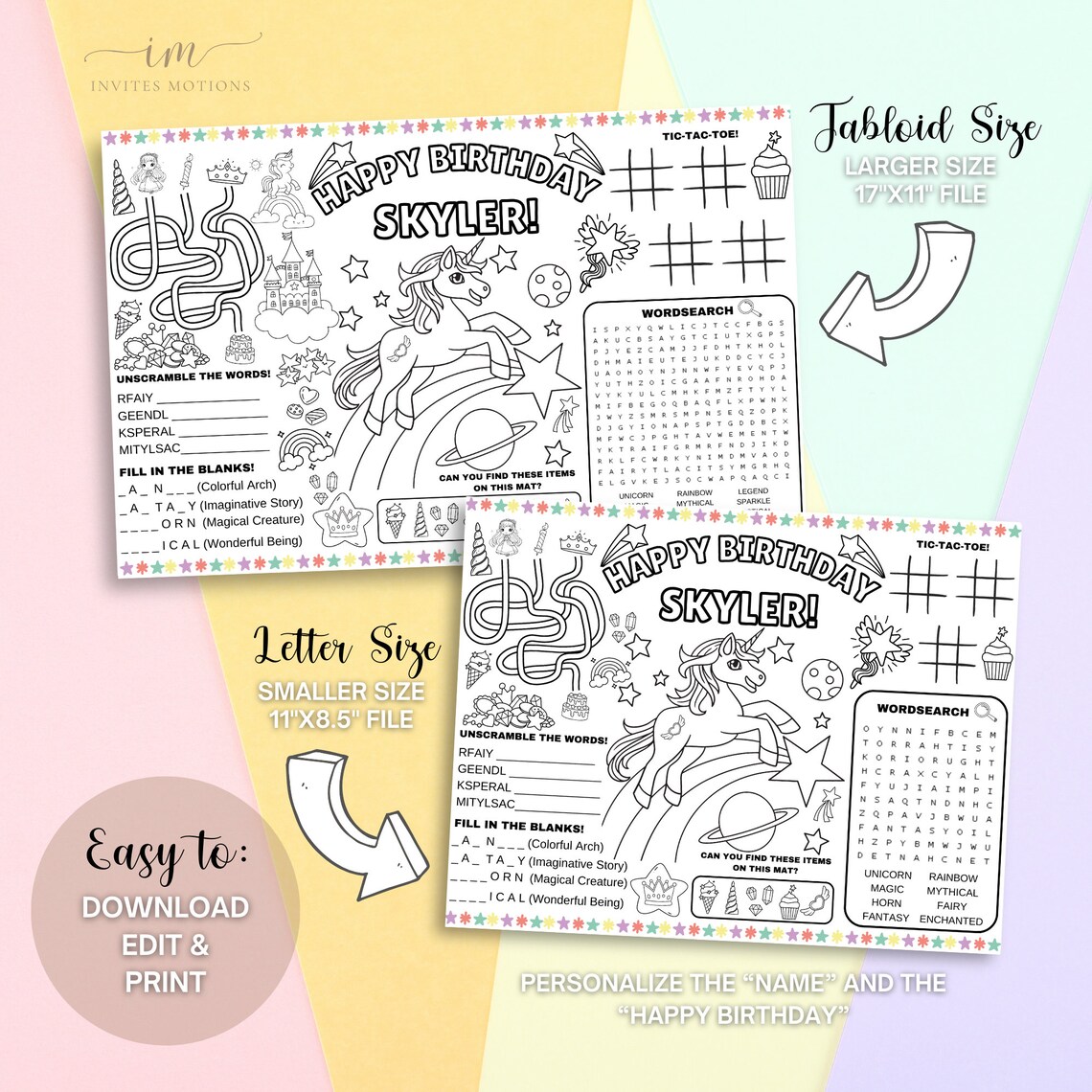Unicorn Birthday Coloring Placemat Party Games Children Activity ...