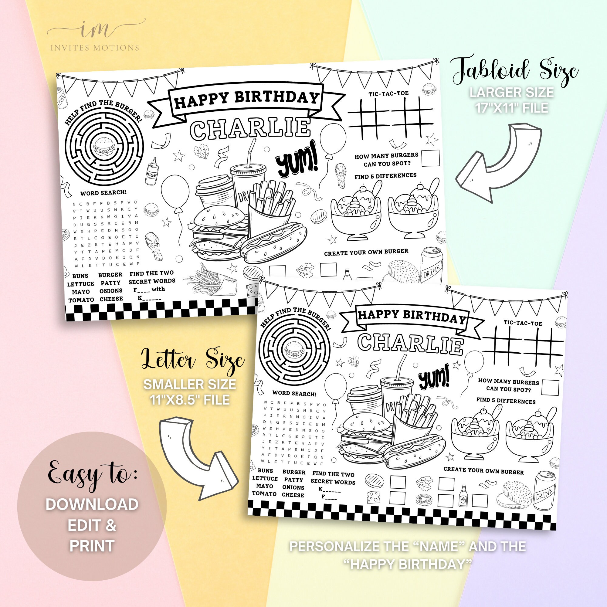 Burger Party Birthday Coloring Placemat Party Games Children Activity ...