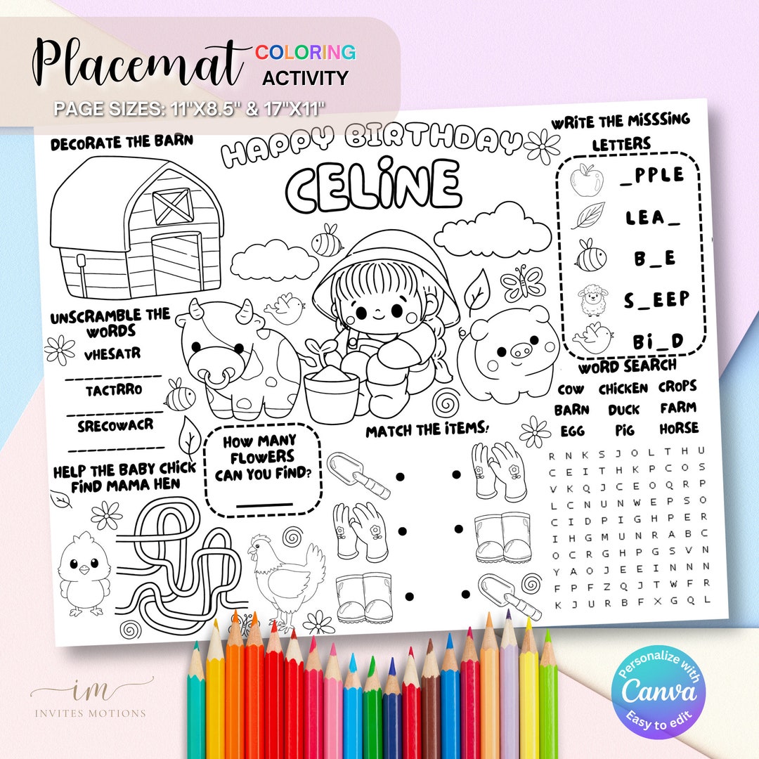Farm Animals Birthday Coloring Placemat Party Games Children Activity ...
