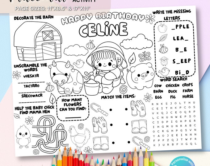 Farm Animals Birthday Coloring Placemat Party Games Children Activity ...