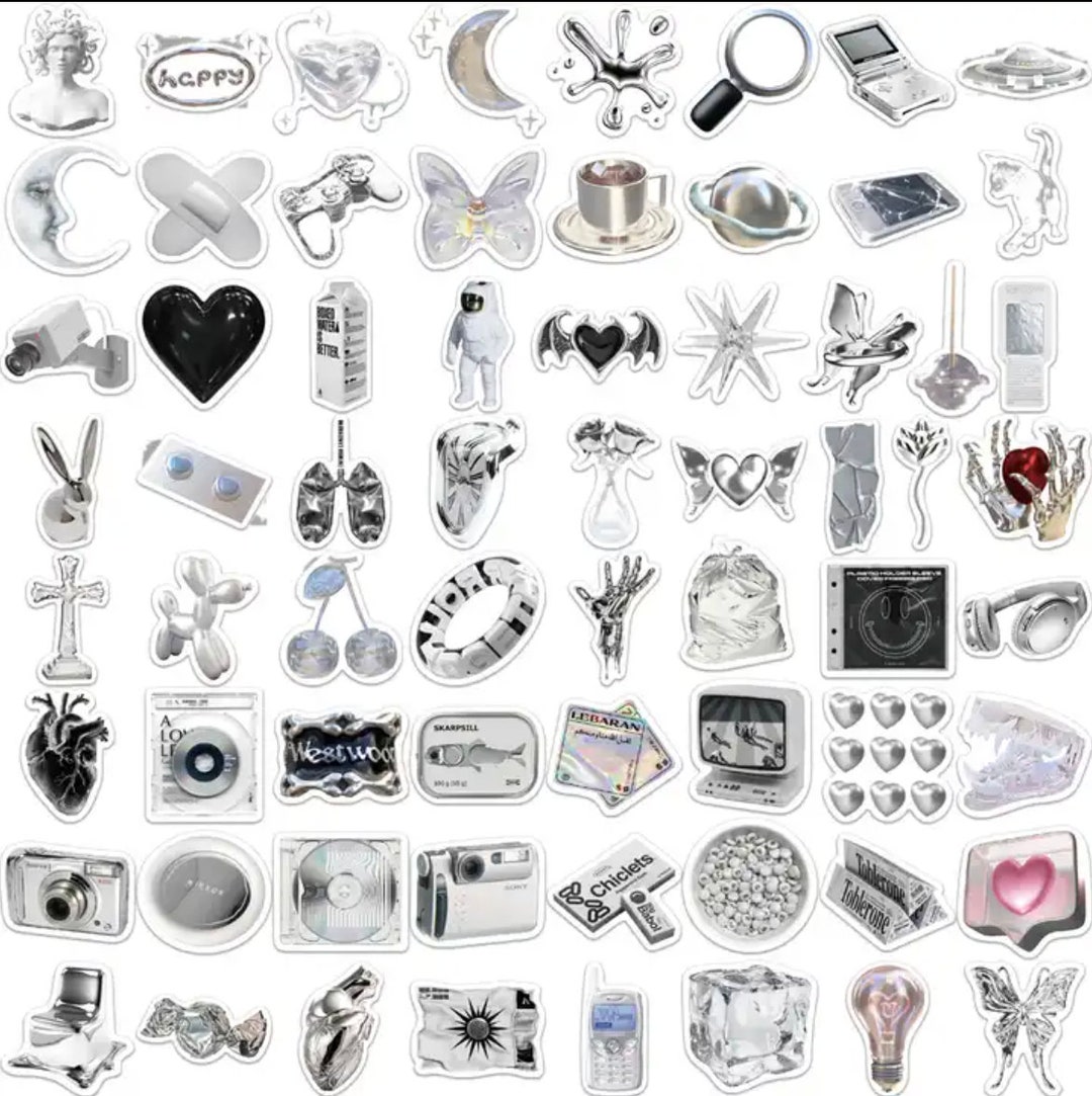 65 Pcs Silver Cyber Stickers Pack Cute Y2K Chrome Silver Stickers ...
