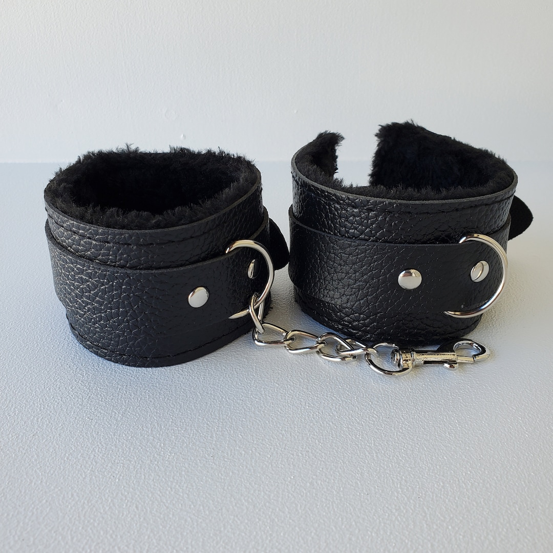 Fluffy Black Cuffs Cosplay Black Leather Restraints Faux Leather Straps ...