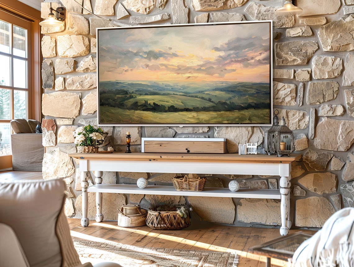 Country Frame TV Landscape Art Vintage Farmhouse Decor for Samsung Tv Warm Tone Rustic Oil ...