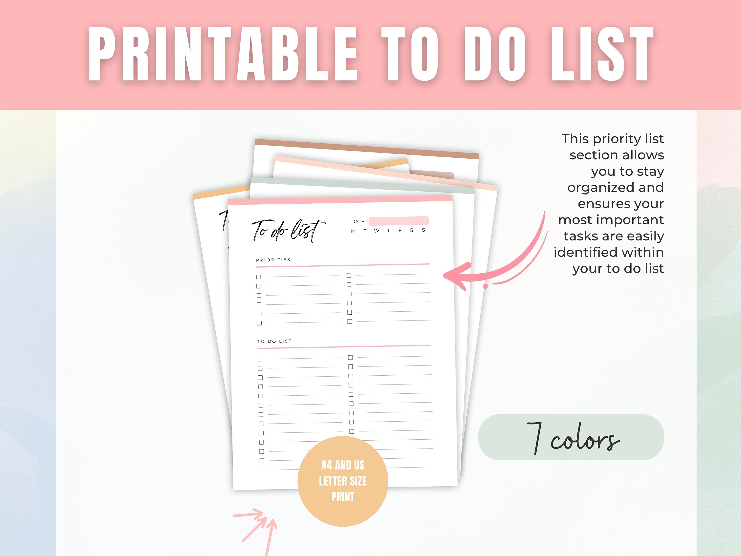 Printable to Do List | Weekly To-do Pdf | Planner Checklist | A4 and US ...
