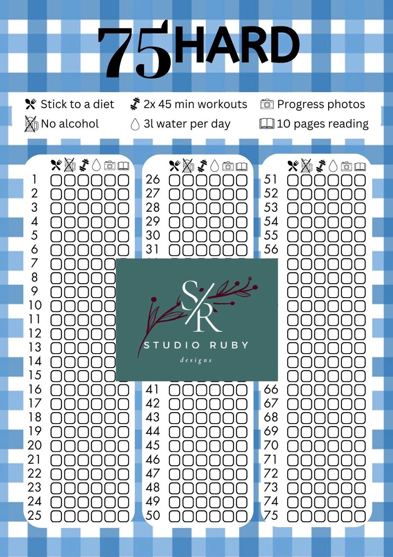 75 Hard Challenge Tracker Printable Blue Checks - Etsy