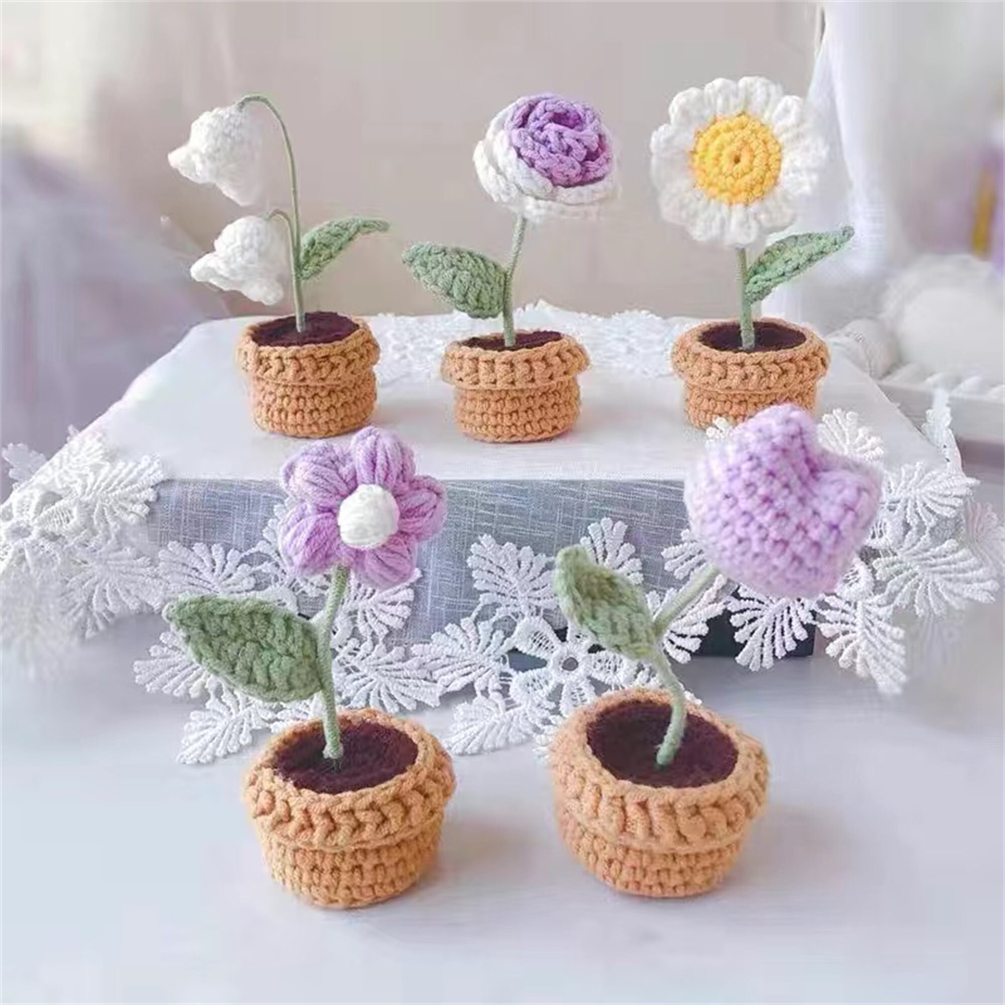 Mini Crochet Flowers-houseplant Decor-crochet Plants-car Charms-crochet ...
