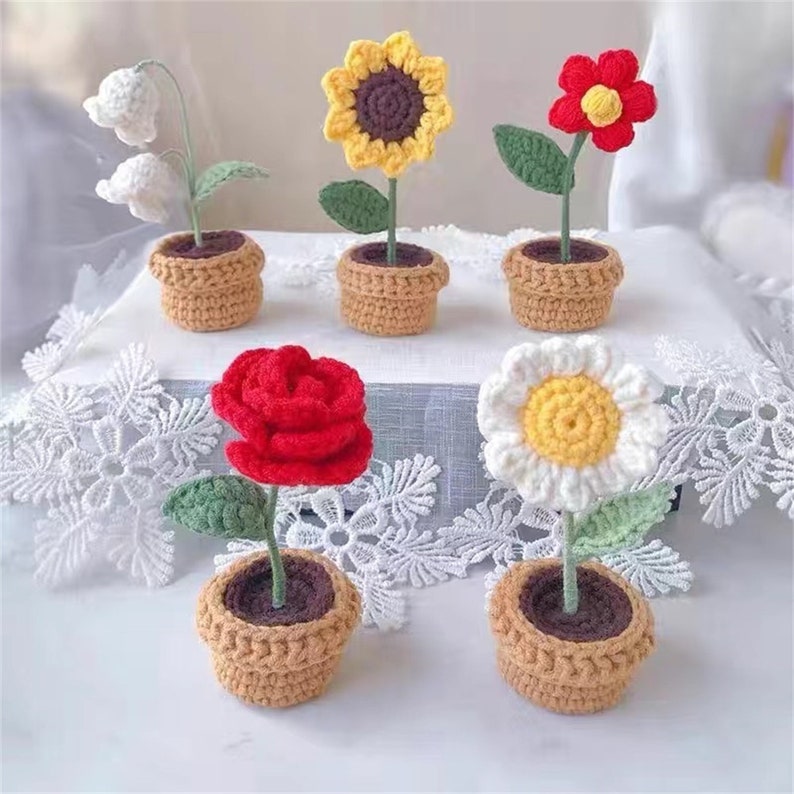 Mini Crochet Flowers-houseplant Decor-crochet Plants-car Charms-crochet ...