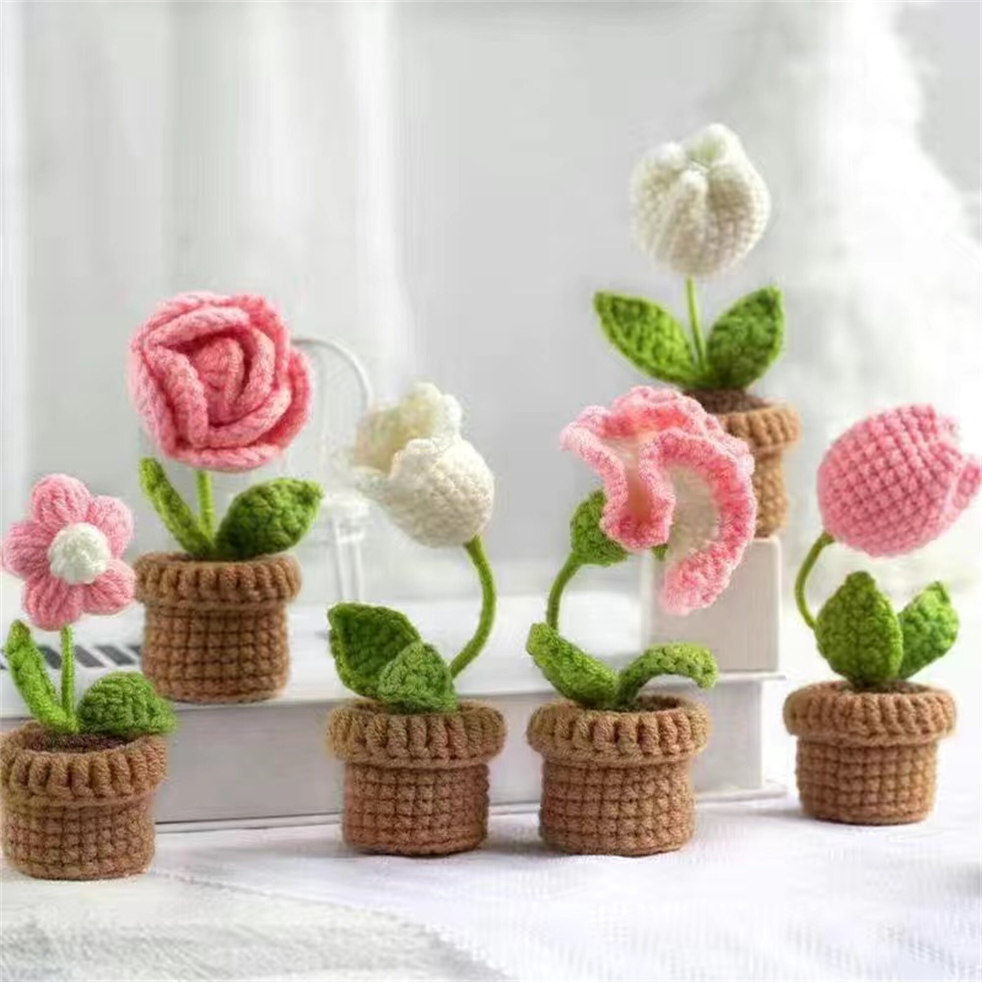 Mini Crochet Flowers-houseplant Decor-crochet Plants-car Charms-crochet ...