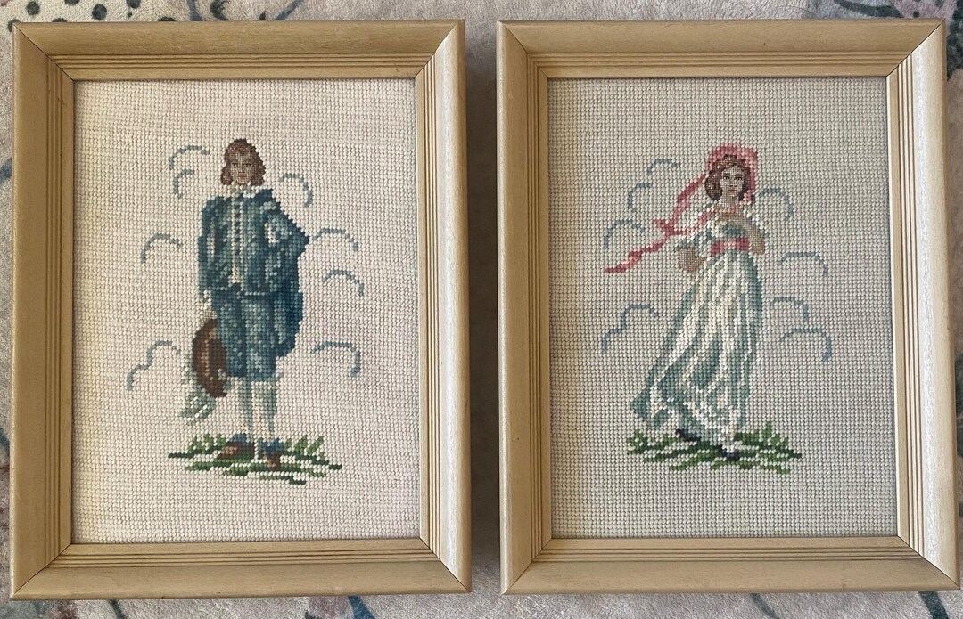 Vintage Framed Needlepoint Blue Boy and Pink Girl Set, Framed Wall Art ...