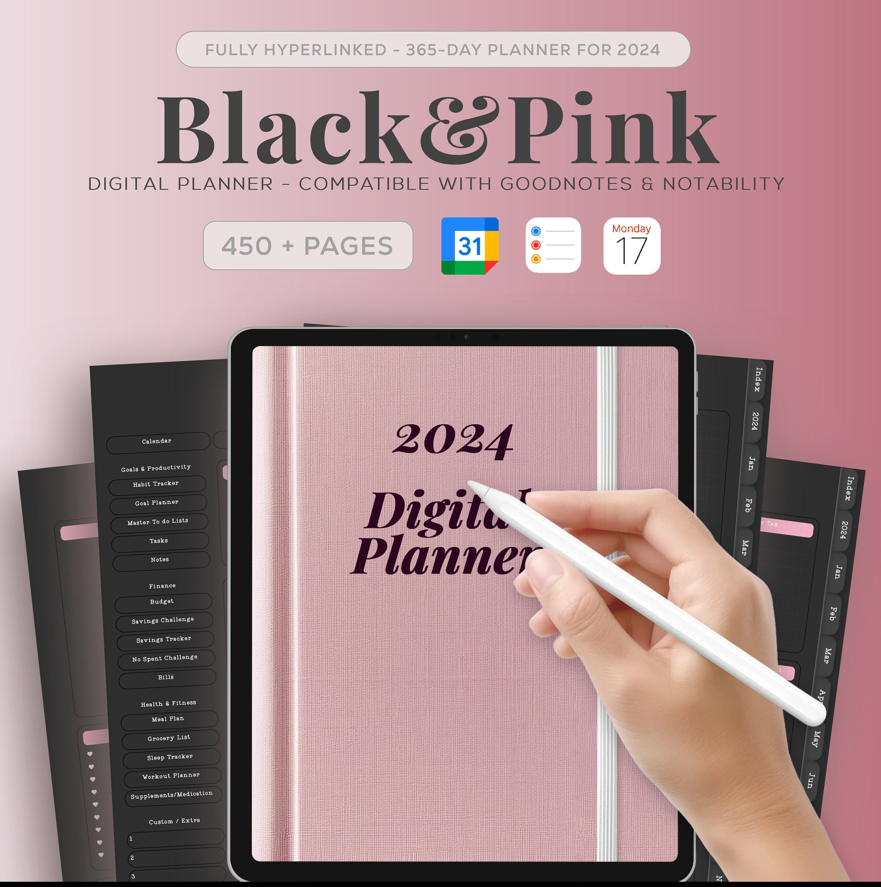 Black & Pink Digital Planner 2024 Goodnotes Planner Daily Planner ...