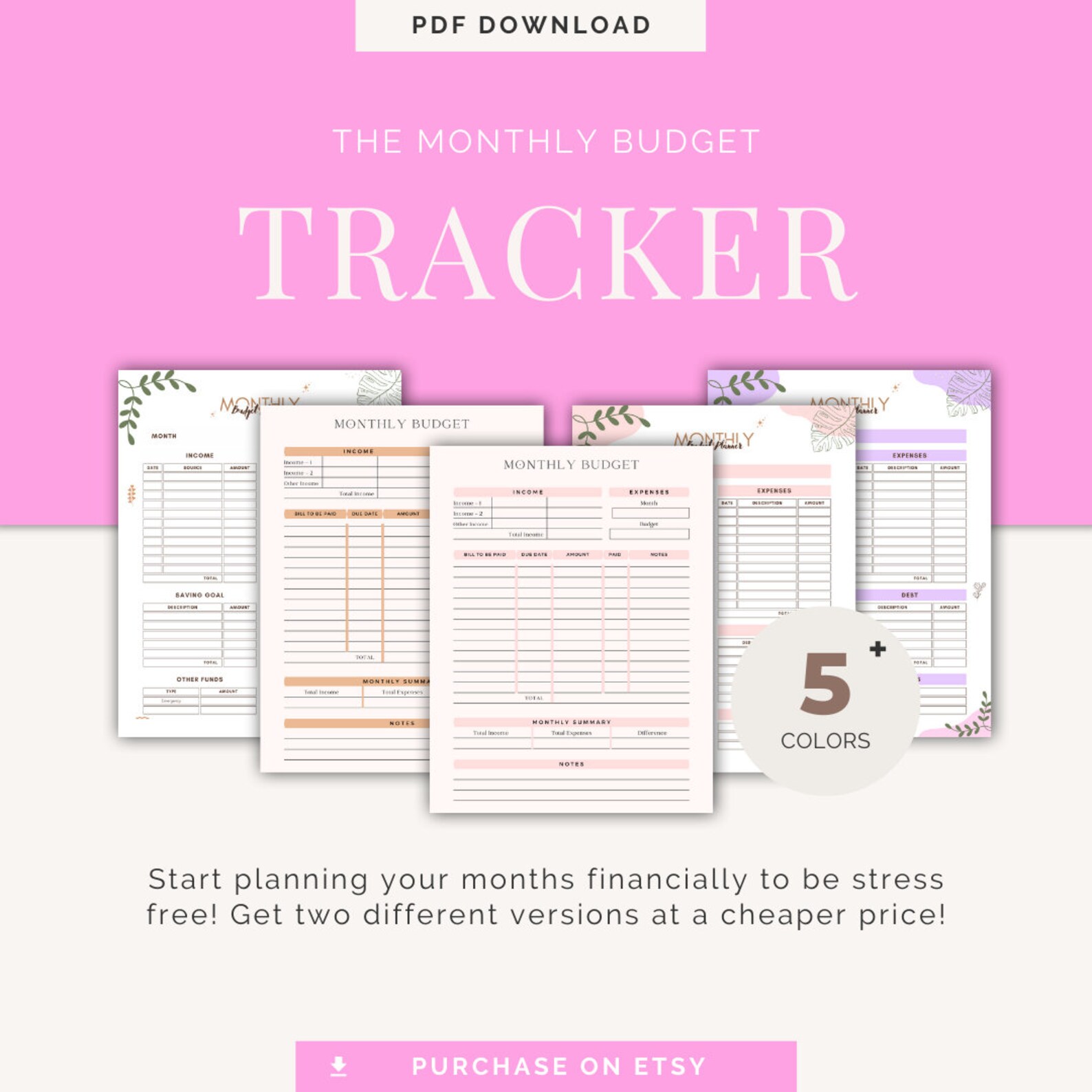 Monthly Budget Tracker Printable & Fillable PDF Monthly Budget Planner ...