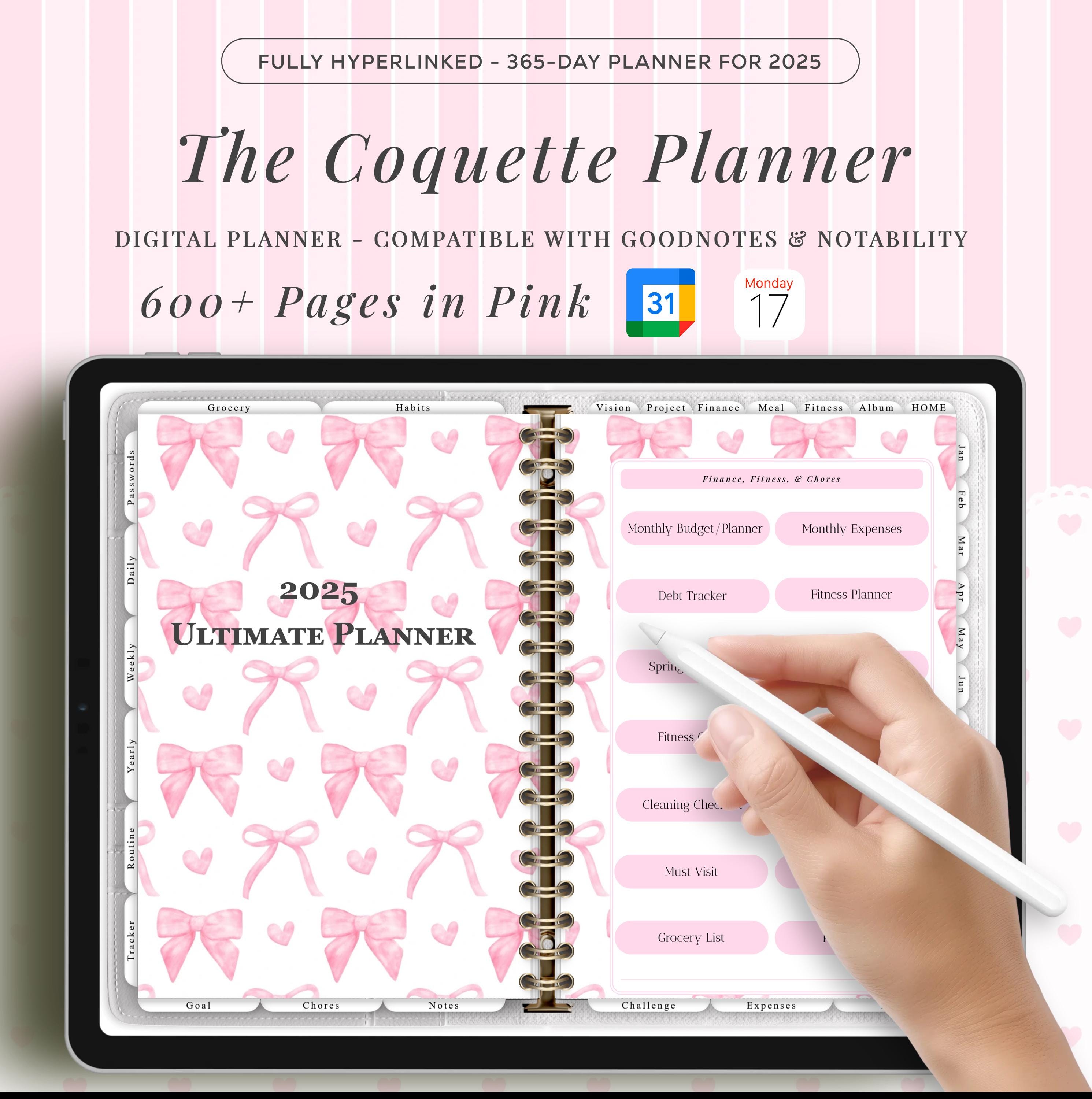 Pink Coquette Bow Digital Planner 2025 for Goodnotes & Notability, Pink ...