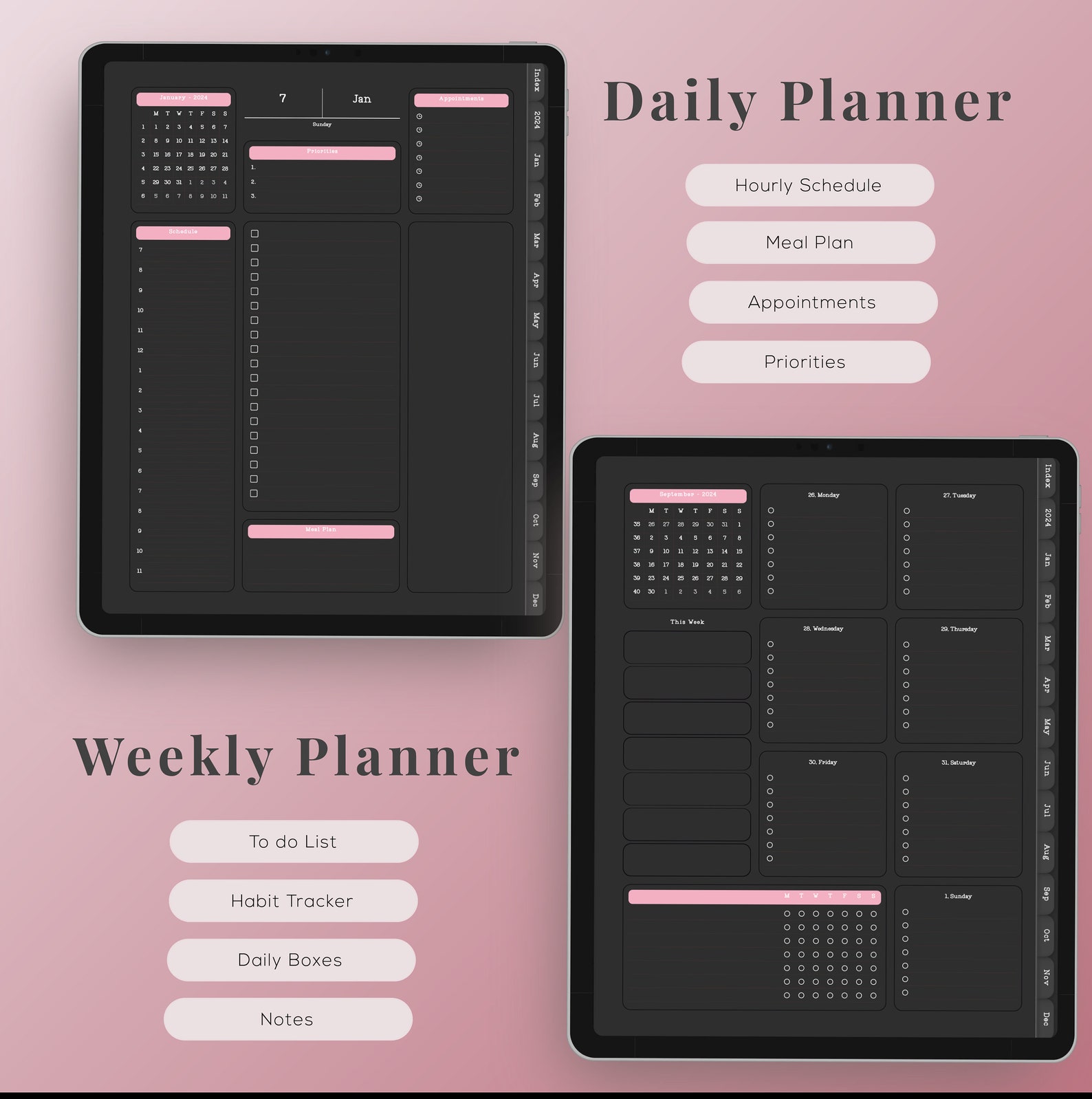 Black & Pink Digital Planner 2024 Goodnotes Planner Daily Planner ...