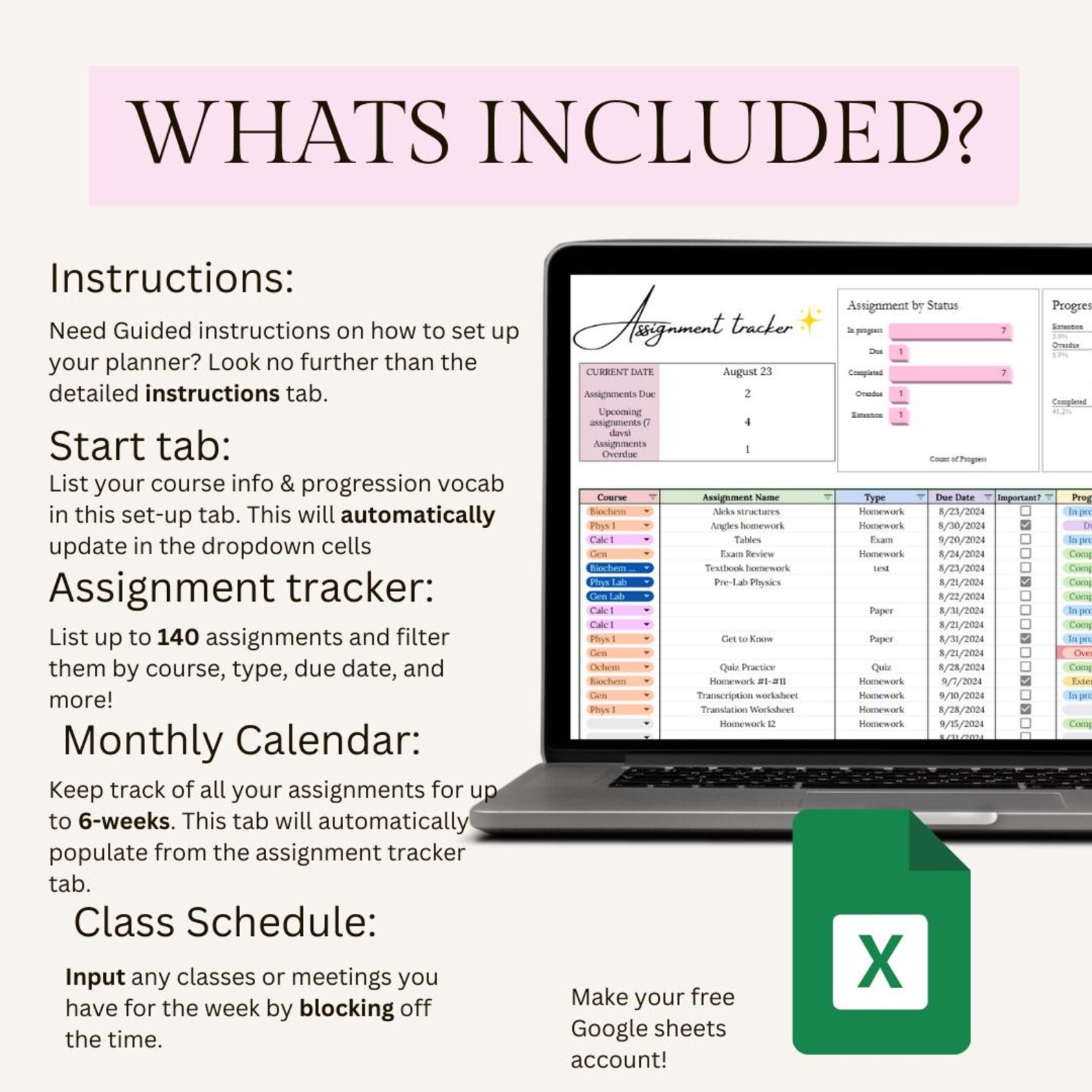 Semester Assignment Tracker Student Planner for Google Sheets Student ...