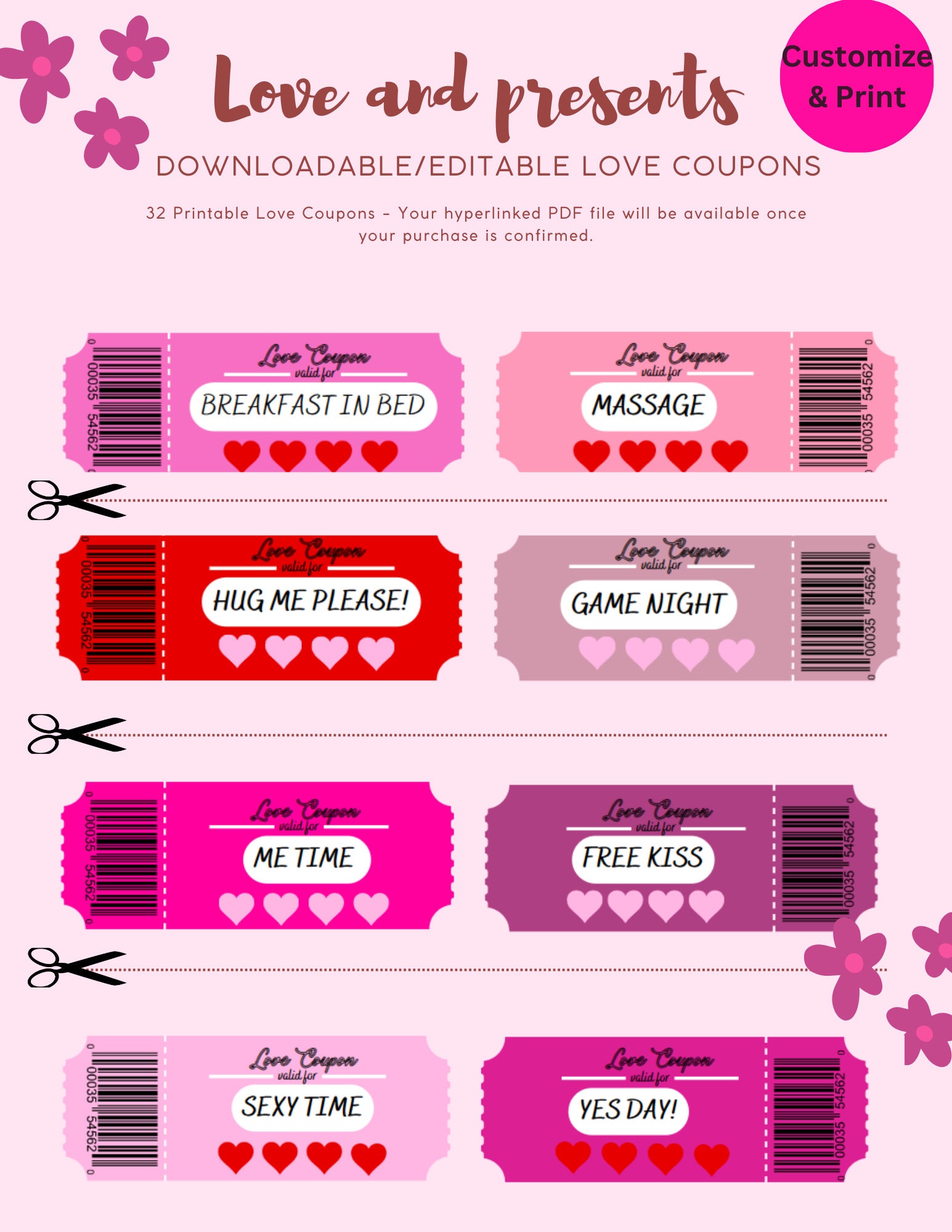 Printable Love Coupons Gift for Valentine's Day Anniversaries Birthdays ...