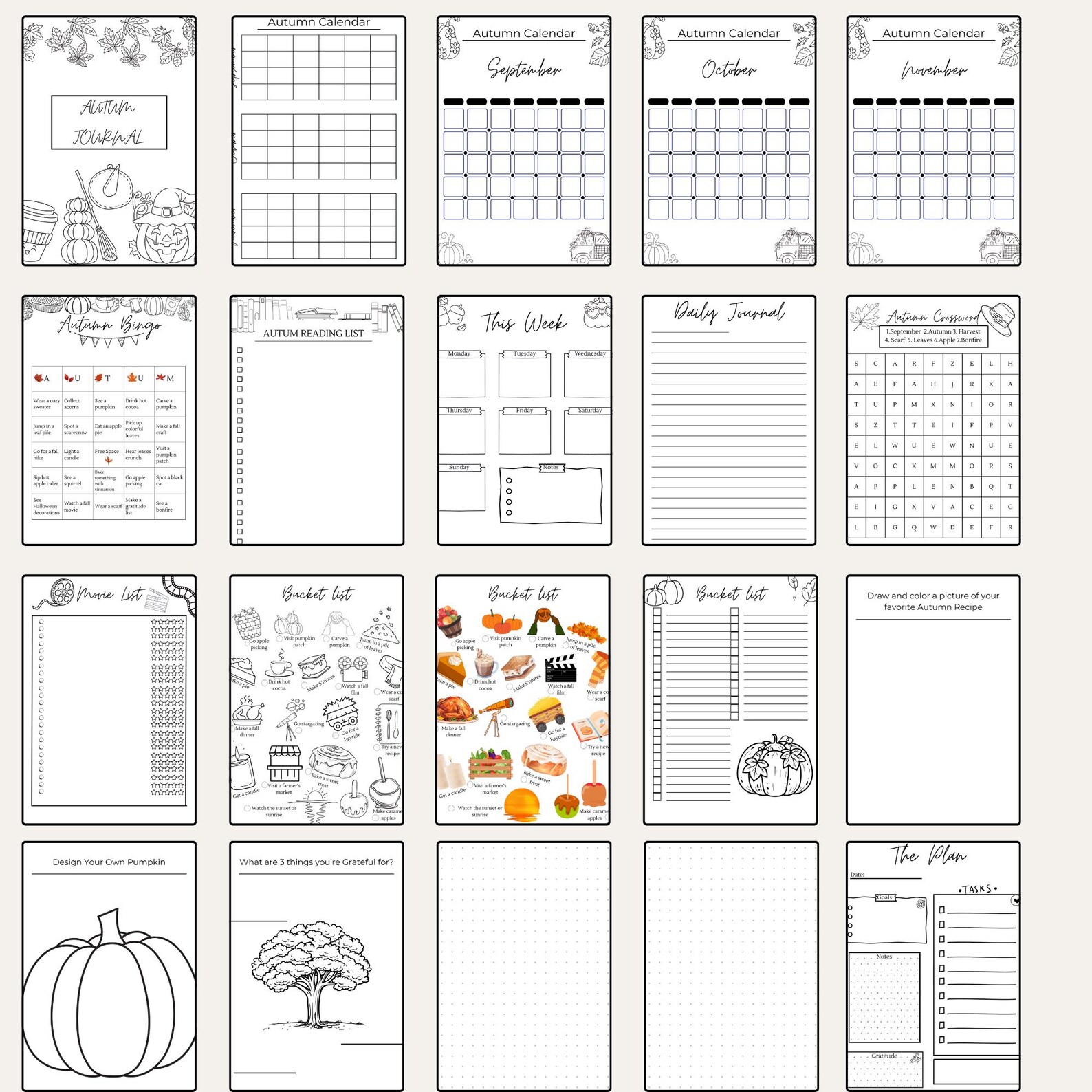 Undated Autumn Journal Bundle, Fall Bucket List, Fall Crossword Puzzle ...