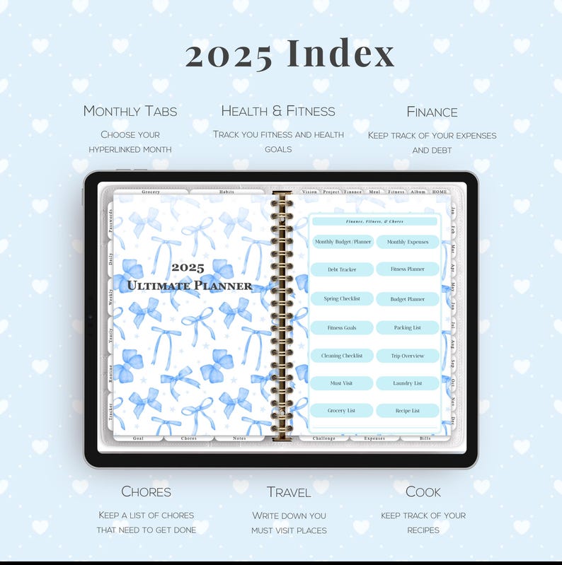 Baby Blue Coquette Planner 2025, Dated Digital Planner, Fitness Planner ...