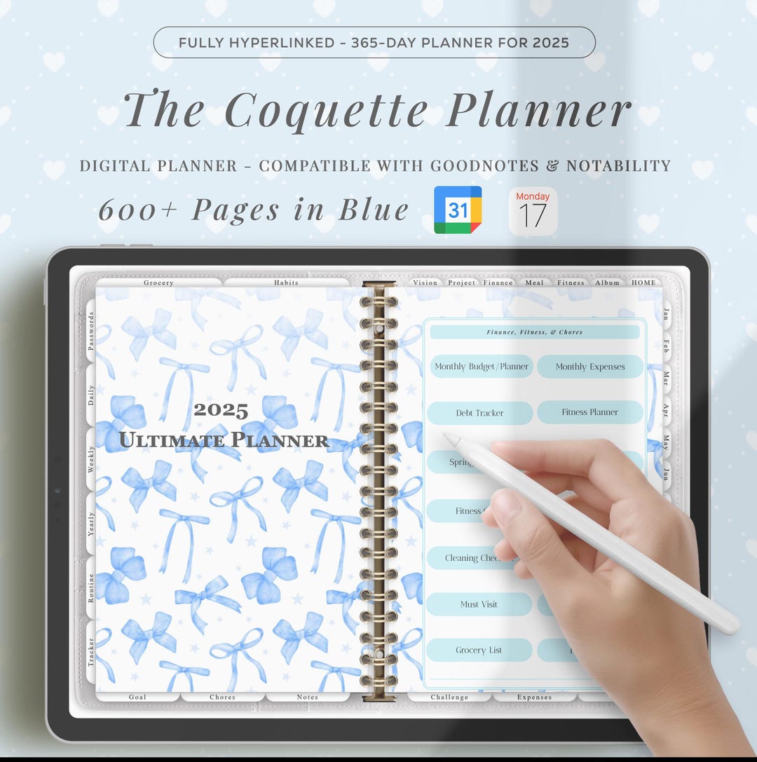Baby Blue Coquette Planner 2025, Dated Digital Planner, Fitness Planner ...