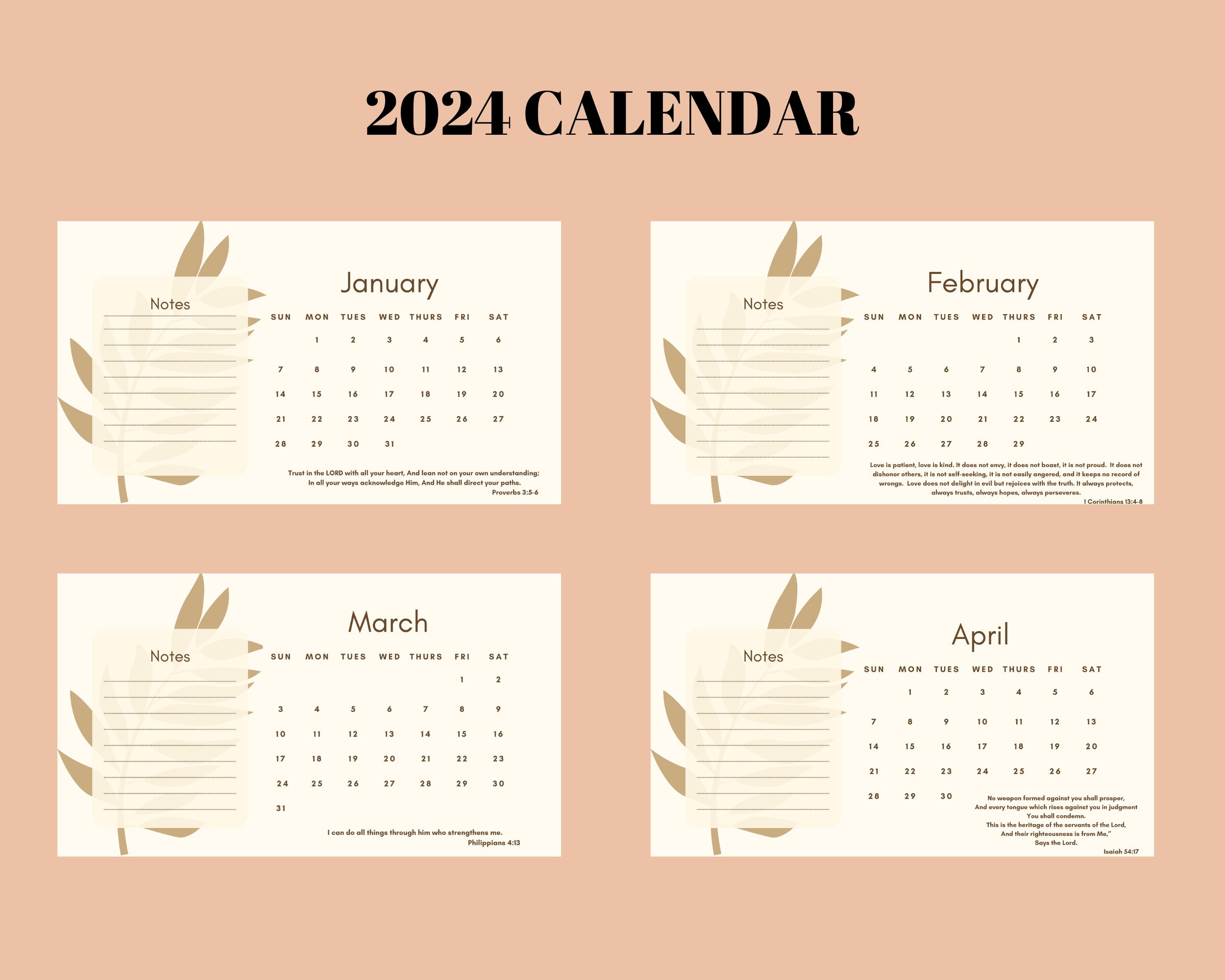 2024 Printable Christian Calendar With Bible Scriptures Instant ...