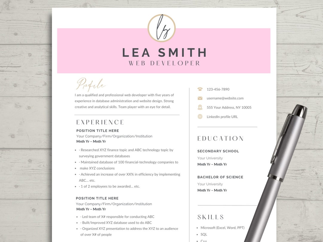 Pink Resume Template ATS Friendly Girl Resume Templates Women CV ...