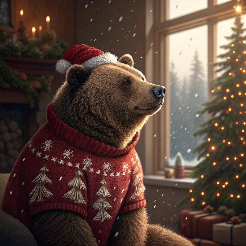 Christmas Bear Art Print – Cozy Holiday Scene (digital Download) - Etsy