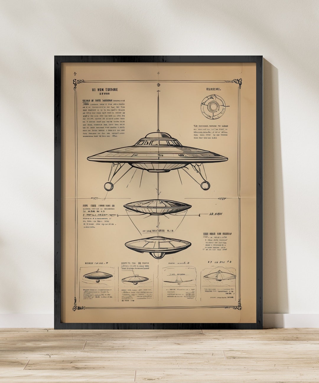Vintage UFO Blueprint Poster, Retro Alien Spacecraft Wall Art, Unique ...