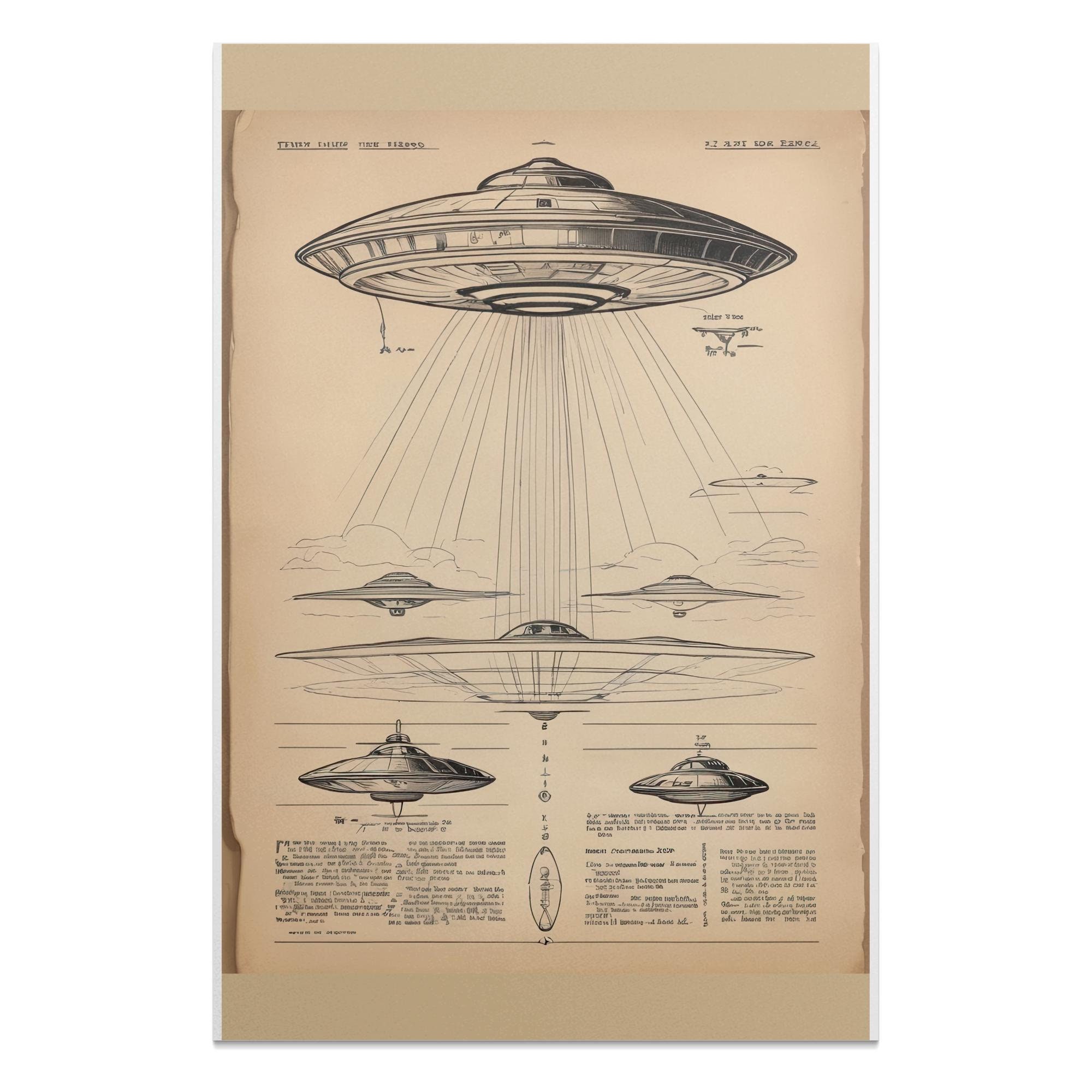 Vintage UFO Blueprint Wall Art, Alien Spaceship Diagram, Retro Sci-fi ...