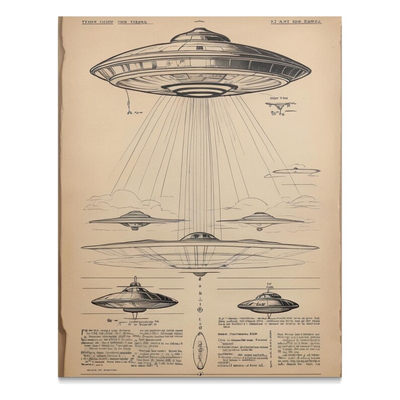 Vintage UFO Blueprint Wall Art, Alien Spaceship Diagram, Retro Sci-fi ...