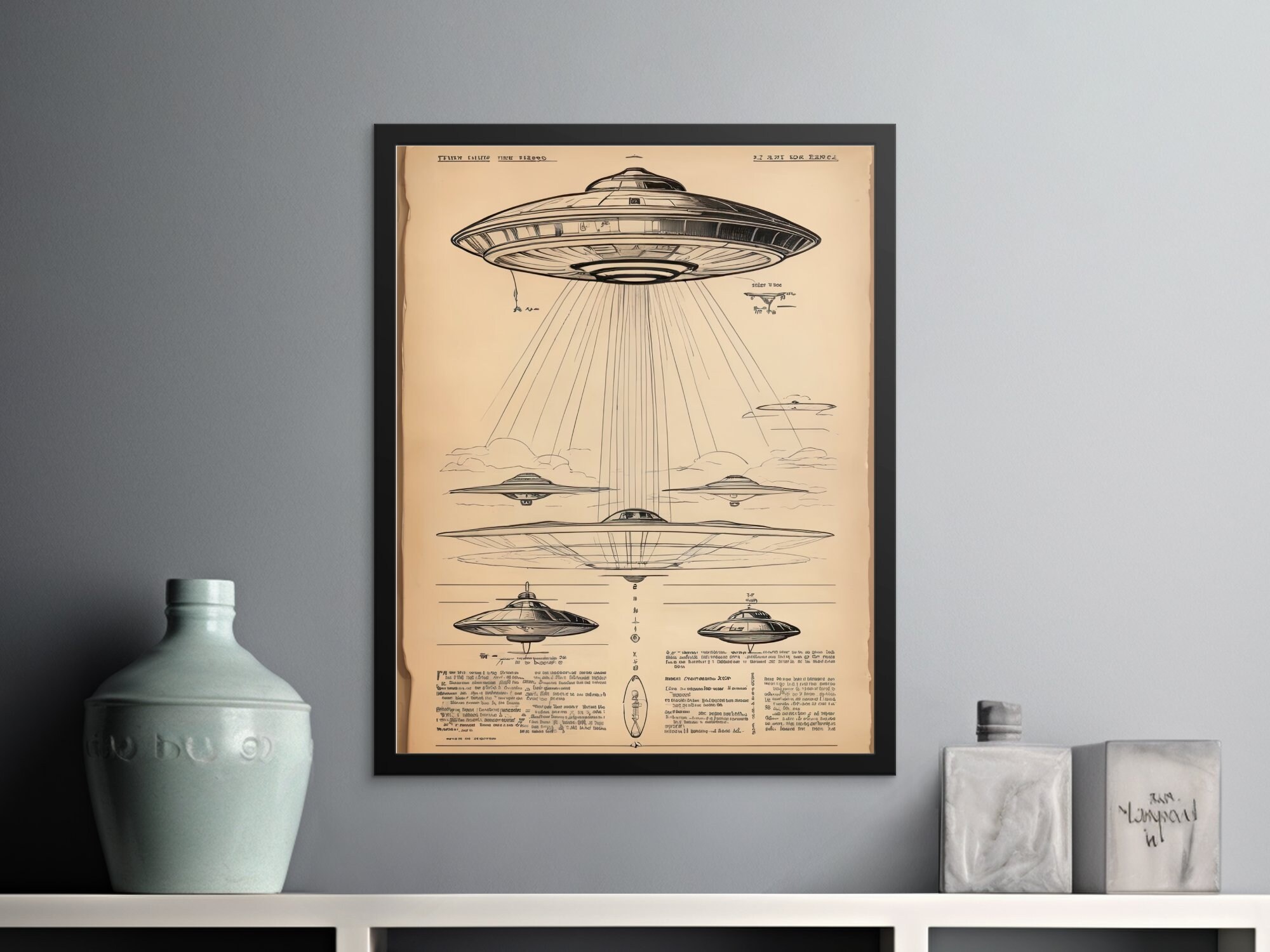 Vintage UFO Blueprint Wall Art, Alien Spaceship Diagram, Retro Sci-fi ...