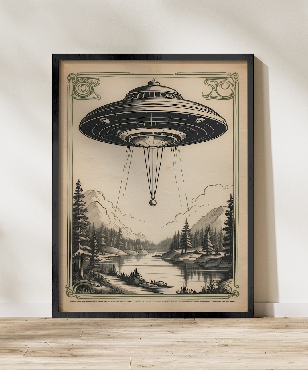 Vintage UFO Poster, Alien Spaceship Wall Art, Mountain Lake Sci-fi ...