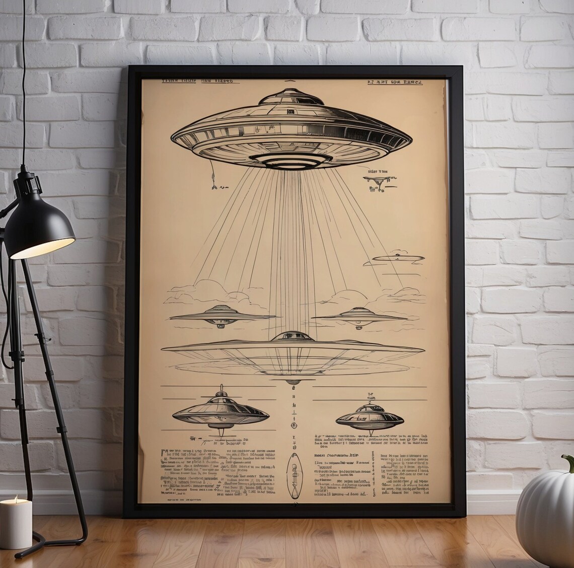 Vintage UFO Blueprint Wall Art, Alien Spaceship Diagram, Retro Sci-fi ...