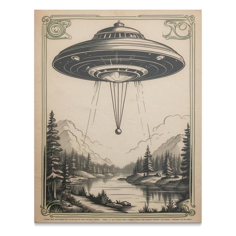 Vintage UFO Poster, Alien Spaceship Wall Art, Mountain Lake Sci-fi ...