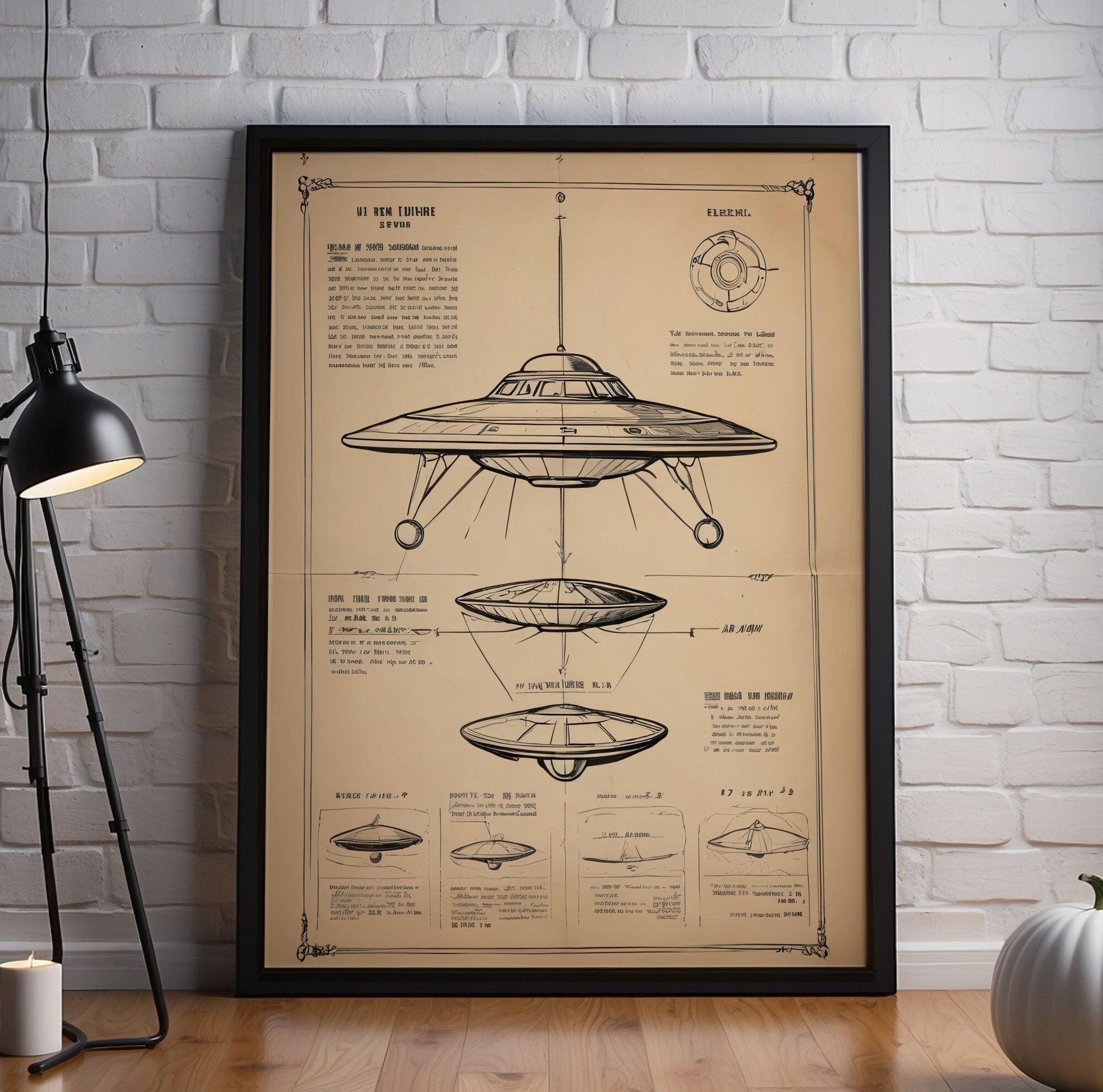 Vintage UFO Blueprint Poster, Retro Alien Spacecraft Wall Art, Unique ...