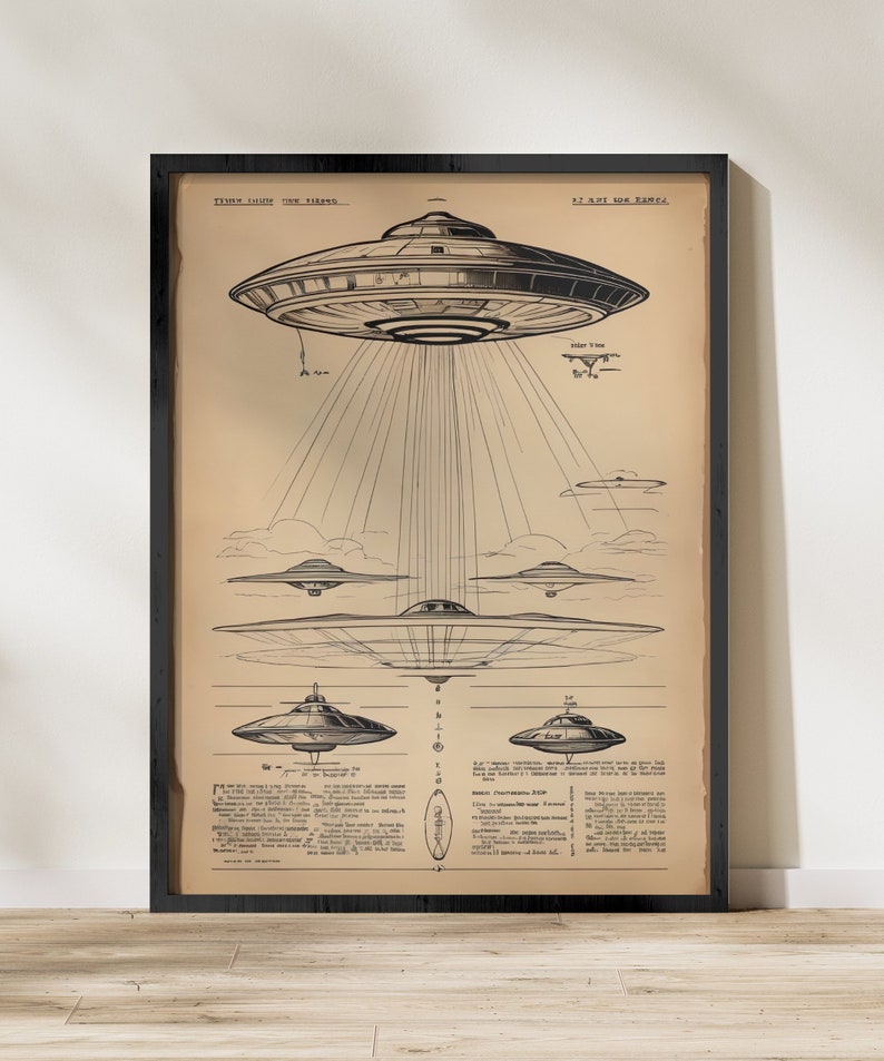 Vintage UFO Blueprint Wall Art, Alien Spaceship Diagram, Retro Sci-fi ...