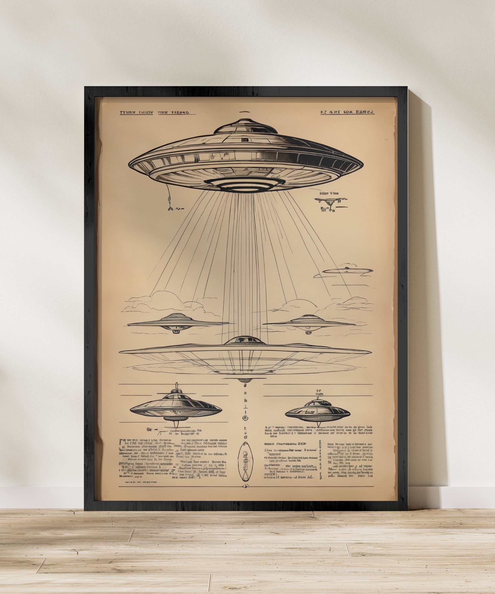 Vintage UFO Blueprint Wall Art, Alien Spaceship Diagram, Retro Sci-fi ...