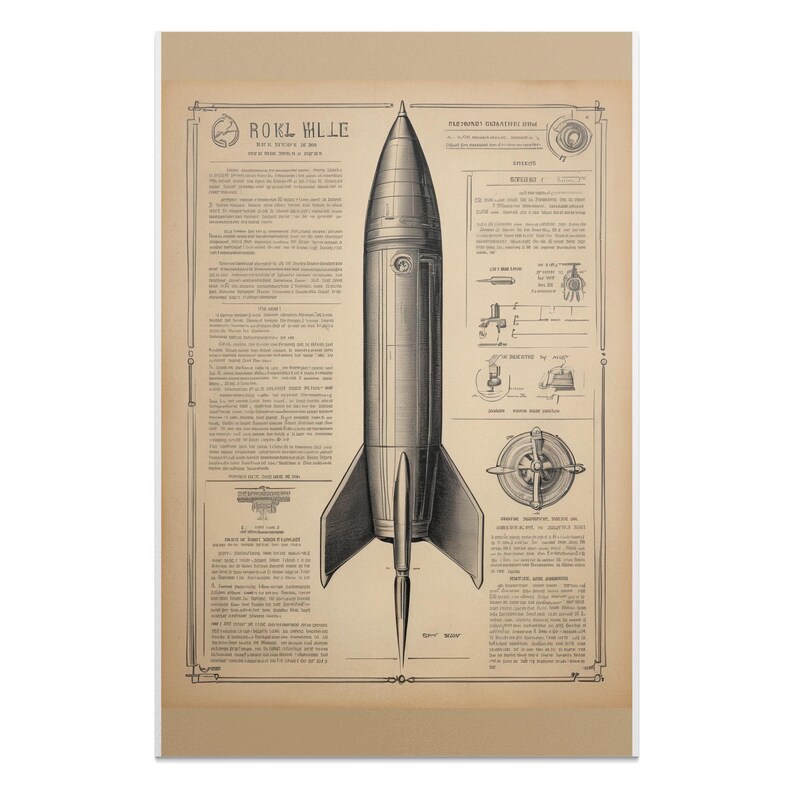 Vintage Rocket Blueprint Wall Art, Retro Spacecraft Patent Print ...
