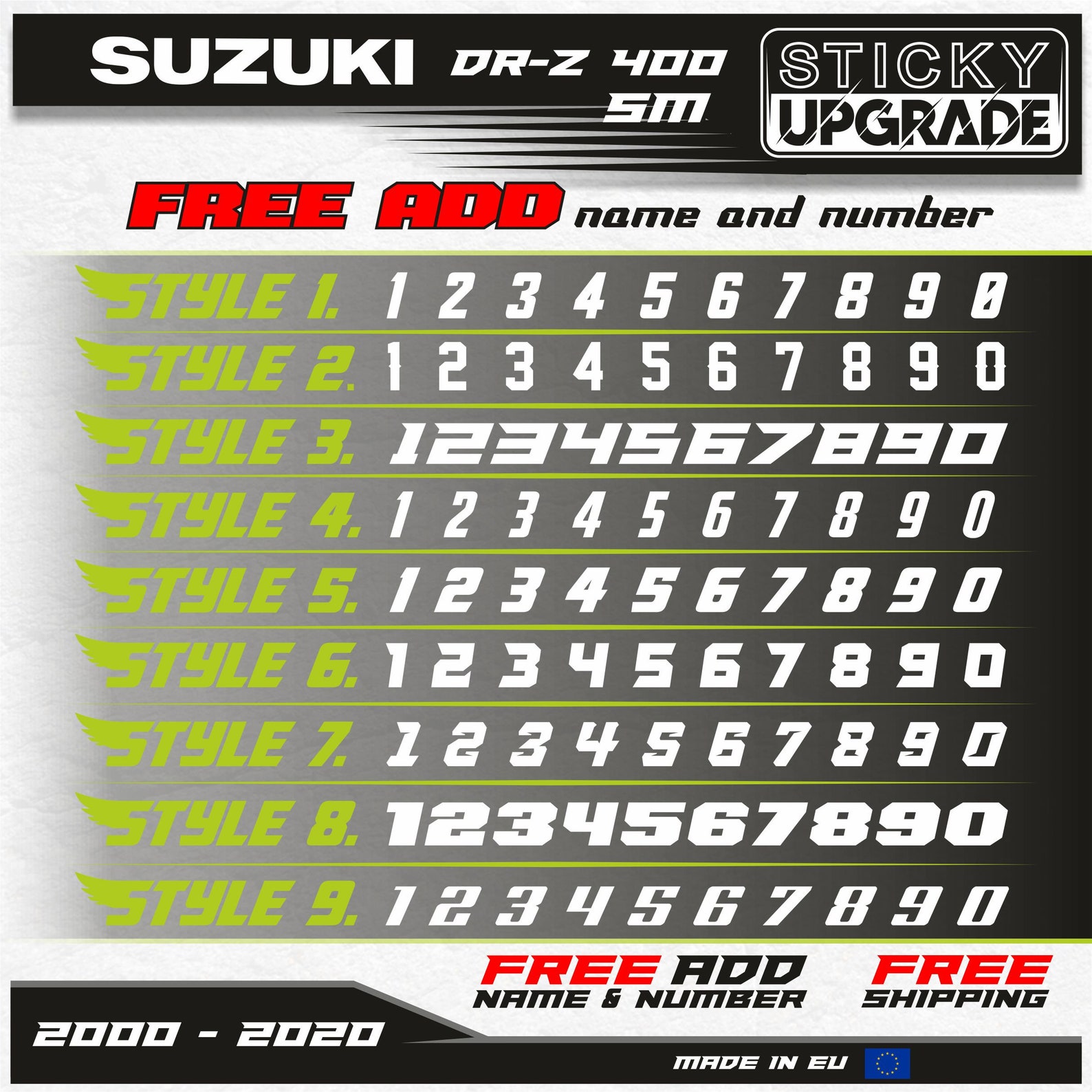 Suzuki DRZ 400 SM 2000 - 2020 Graphics / Decals Kit 21 Mil / 534 Micron ...