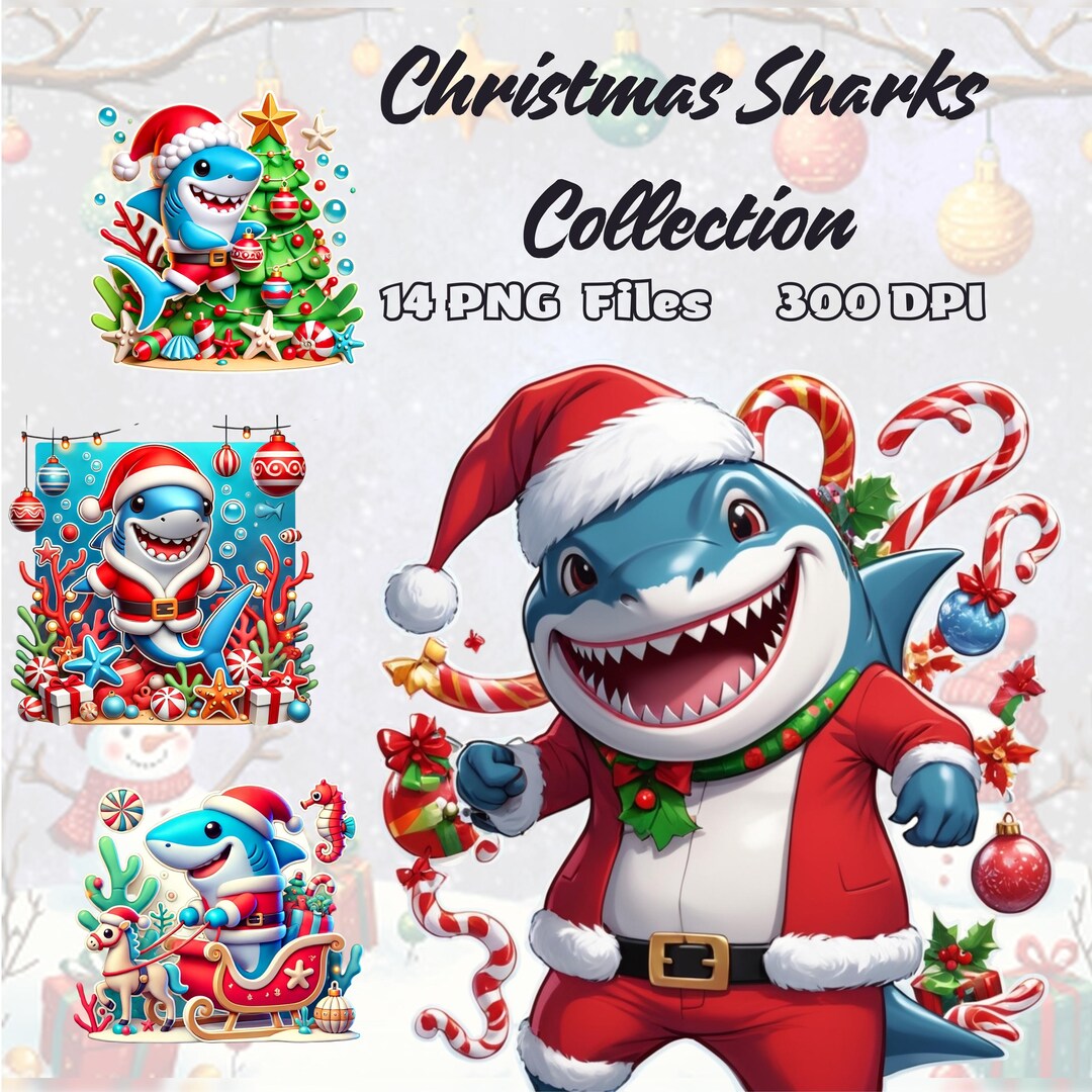 Festive Santa Shark Clipart | Colorful Christmas Sharks PNG | Holiday ...