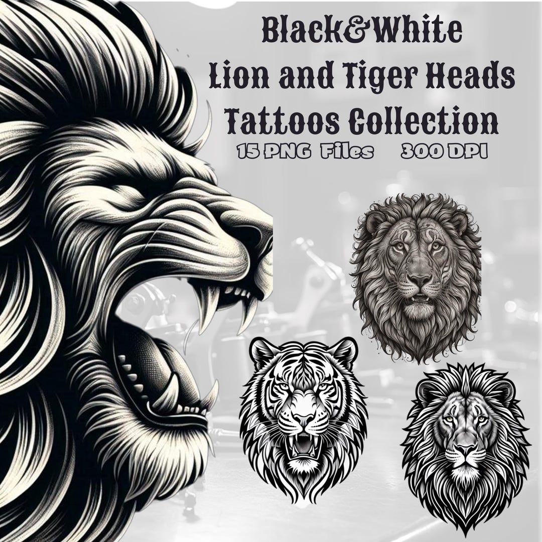 Lion and Tiger Head Tattoo Designs – PNG Format for Instant Download ...
