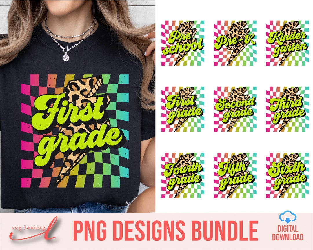 Rainbow Checkered School Grade Png Bundle, First Day of School Png ...