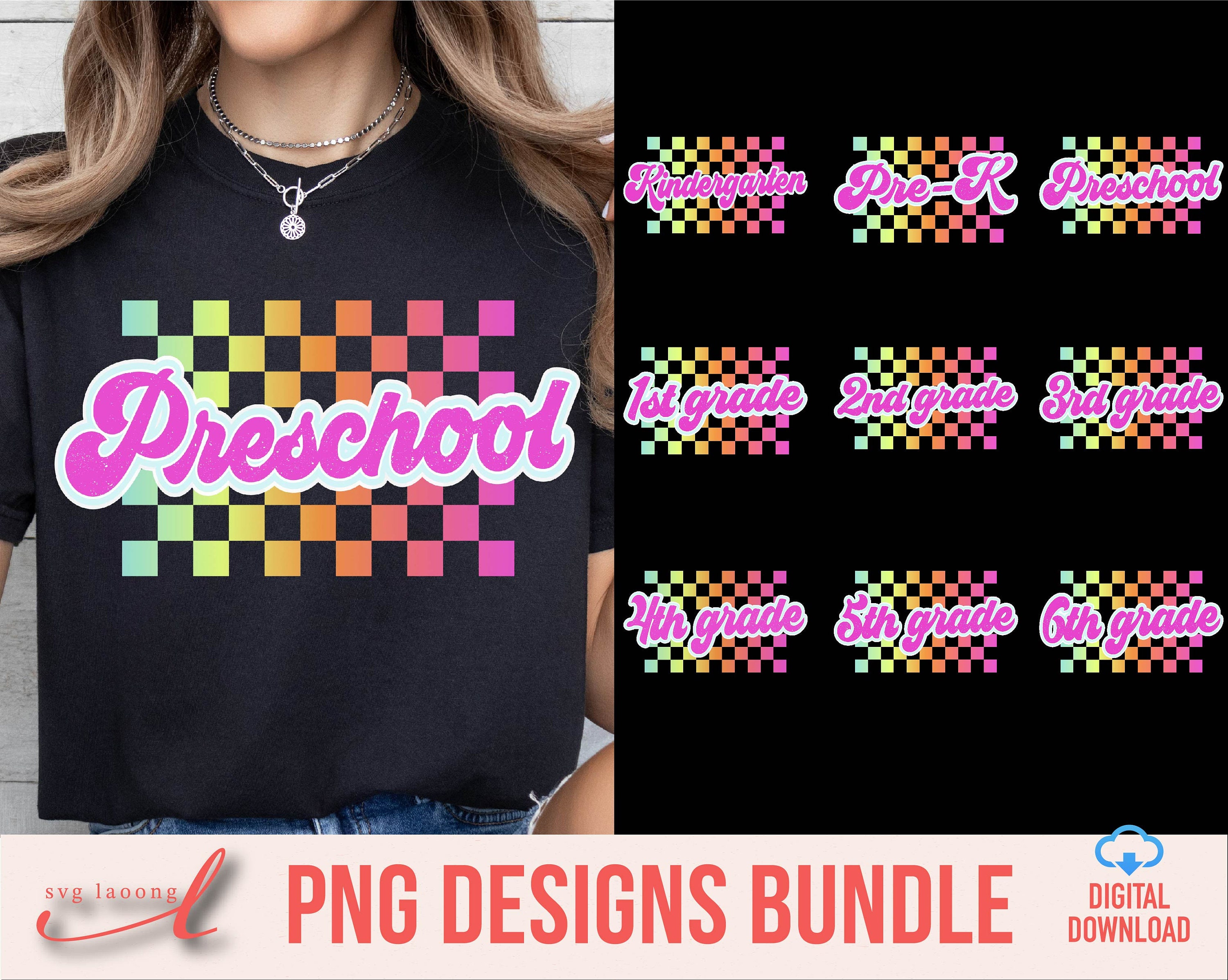 Rainbow Checkered School Grade Png Bundle, First Day of School Png ...