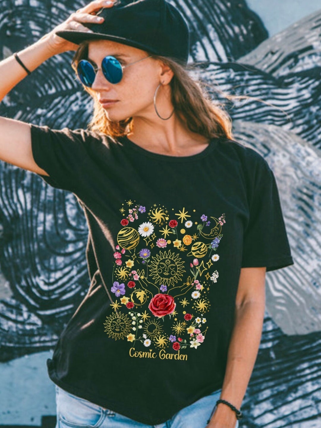 Cosmic Garden Women's T-shirt, Celestial Gold Outlined Astro Images ...