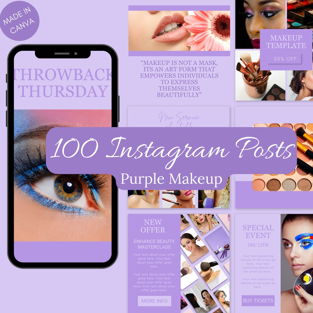 Purple Makeup Instagram Post Templates: Social Media Canva (100 Posts ...