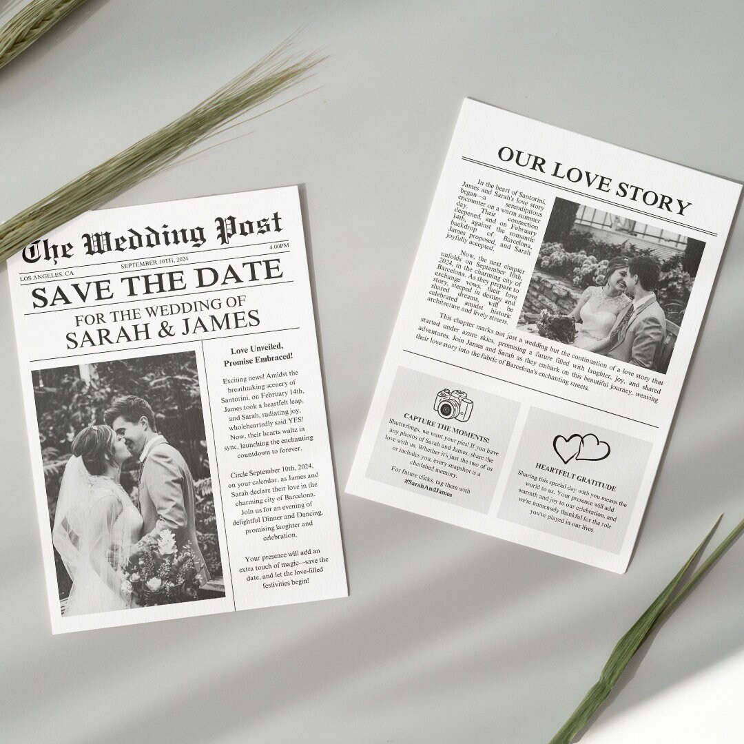 Wedding Newspaper Save the Date Template, DIY Newspaper Wedding ...
