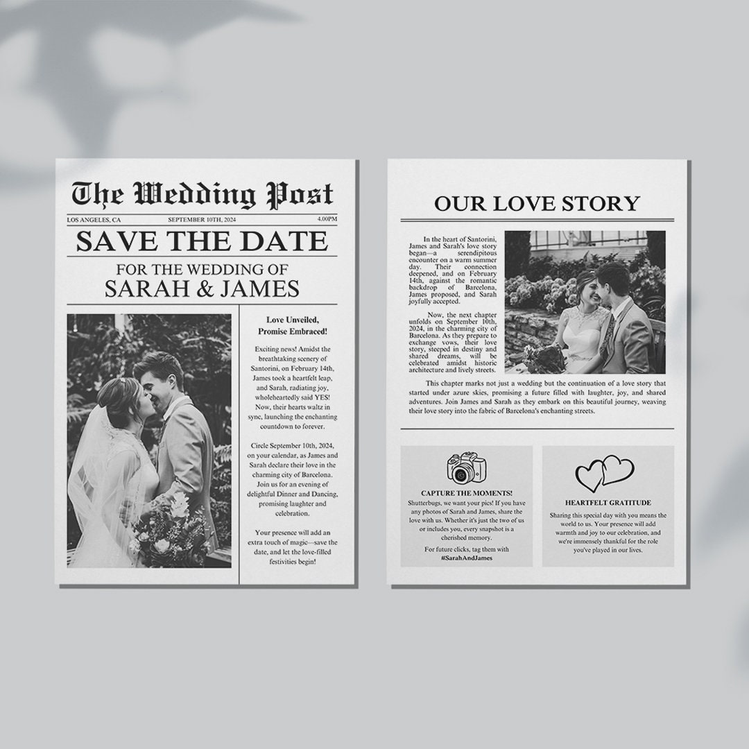 Wedding Newspaper Save the Date Template, DIY Newspaper Wedding ...